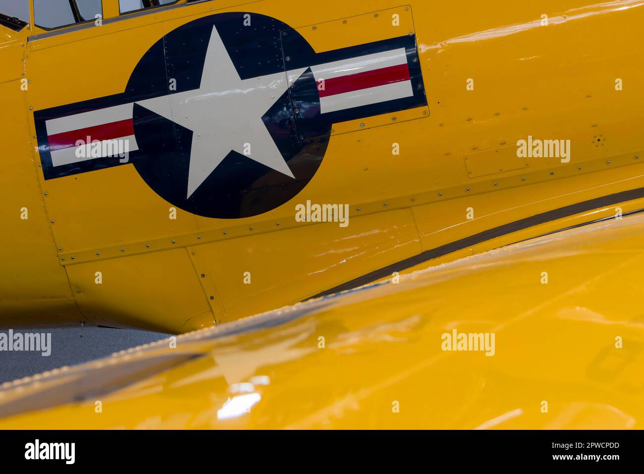 Navy tail on a yellow fighter plane classic car, Friedrichshafen, Baden ...