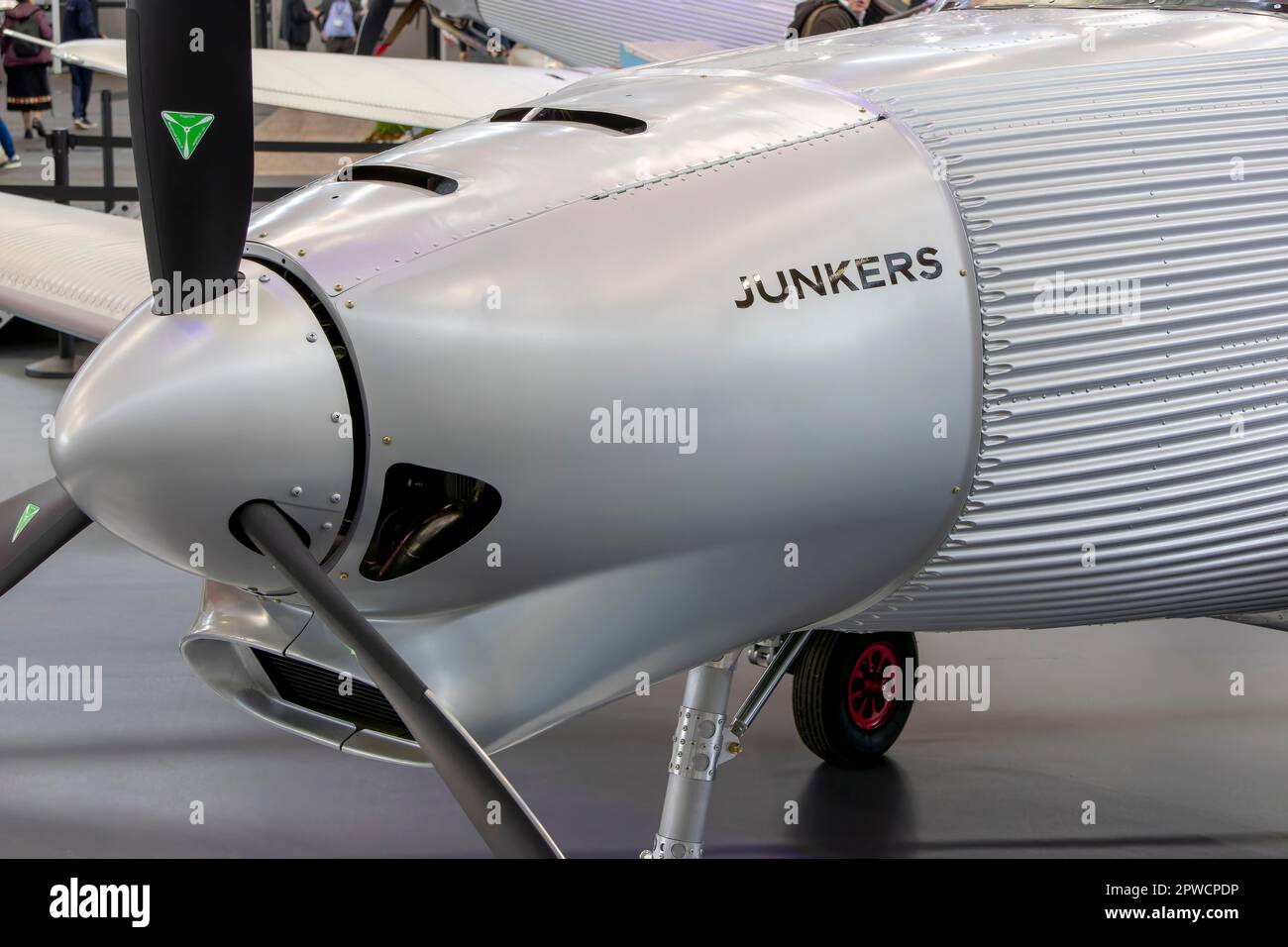 Detail of a Junkers aircraft made of aluminium with Junkers lettering ...