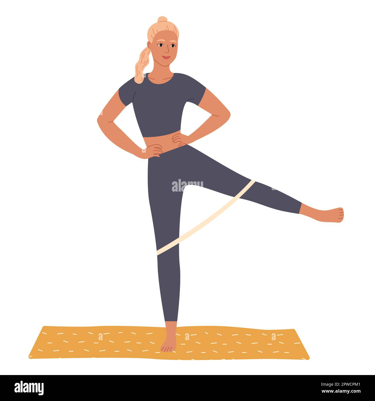 Woman trains at home, doing leg exercises overcoming the resistance of ...