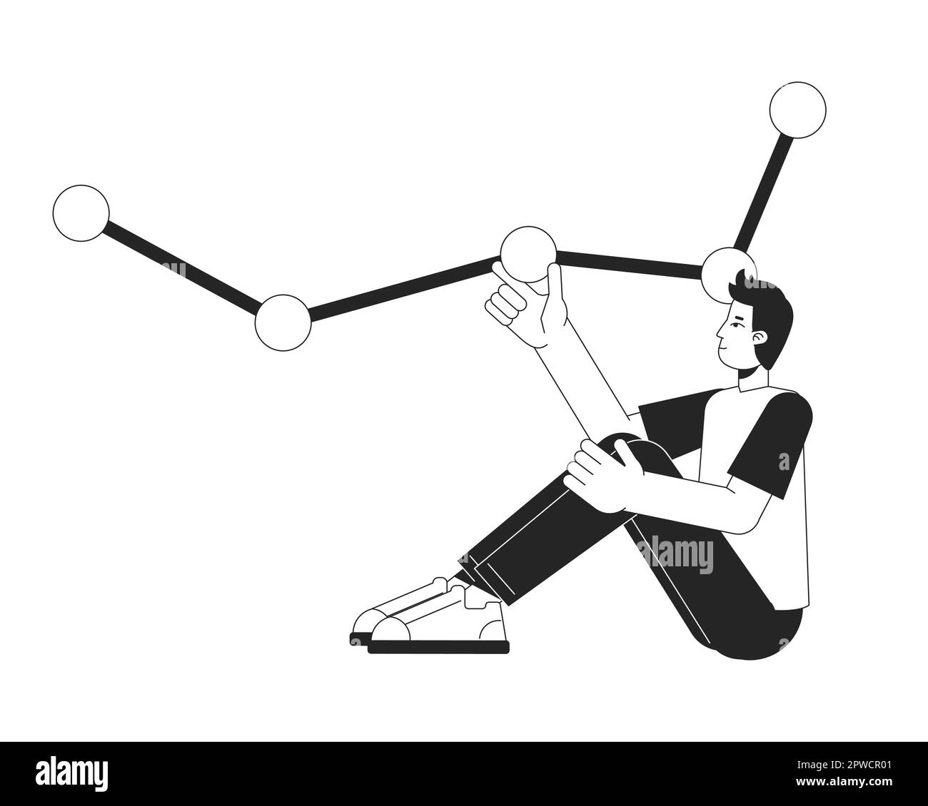 Sitting man with line graph flat line black white vector character ...