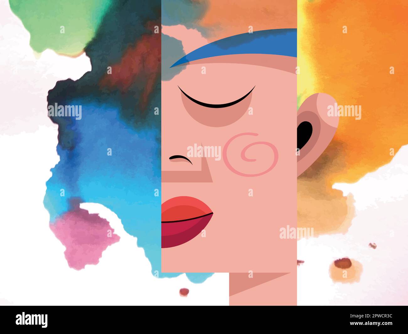 Boy face in profile with hair made up of colorful abstract stains Stock ...