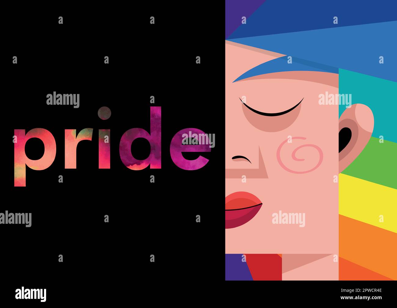 Boy face in profile with hair formed with rainbow colors and word pride ...