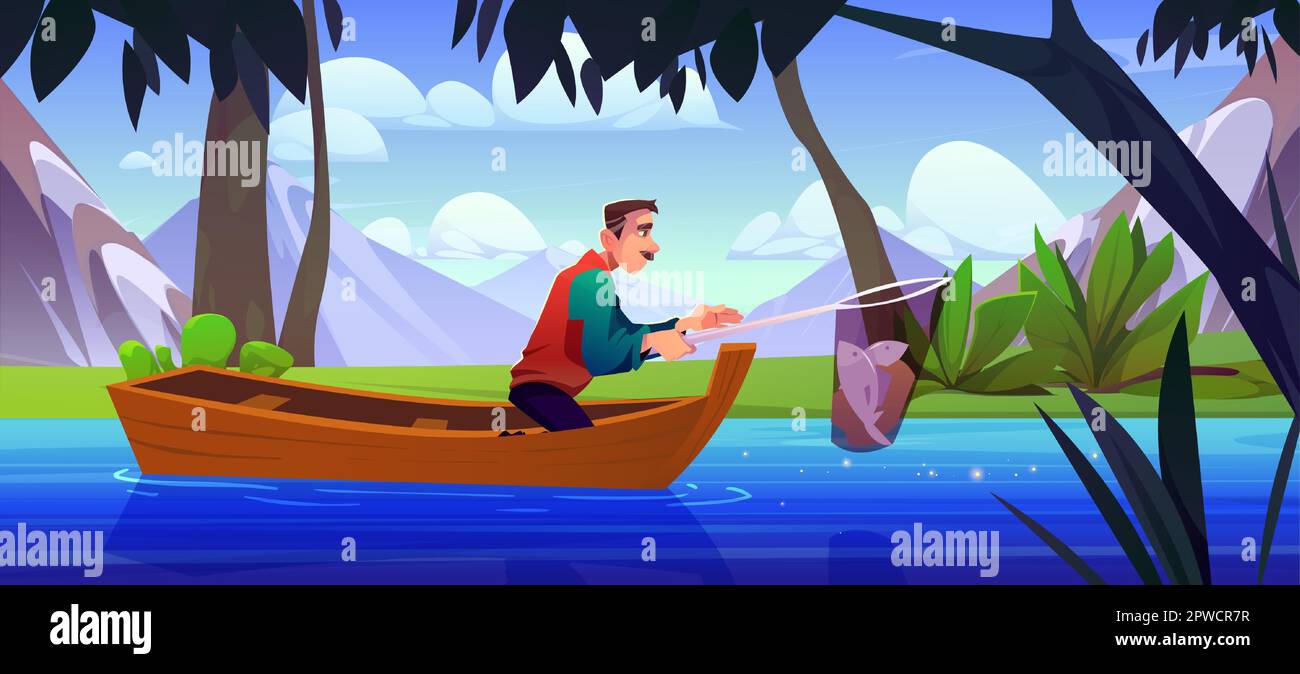 Boat in lake water with man holding fish in net cartoon background ...