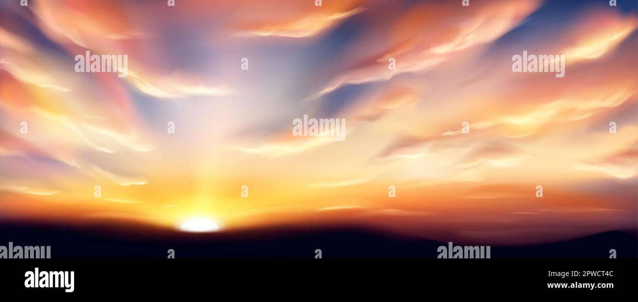Realistic sunset sky with clouds. Vector illustration of sun going down ...