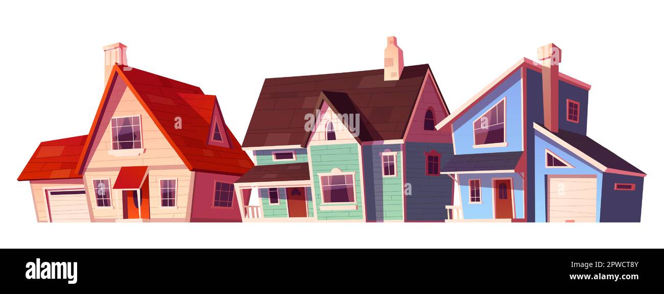 Suburban house building exterior village cartoon vector icon set ...