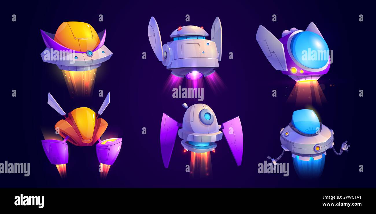 Alien Spaceship Cartoon Game Vector Icon Set Ufo Shuttle Cute Fantasy