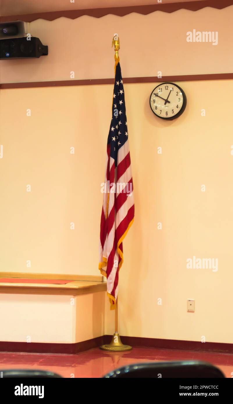 Classic generic typical American school auditorium United States flag ...