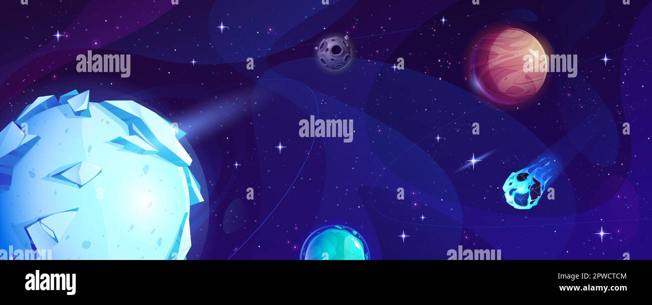 Cartoon space universe background with planet. Galaxy with meteorite ...