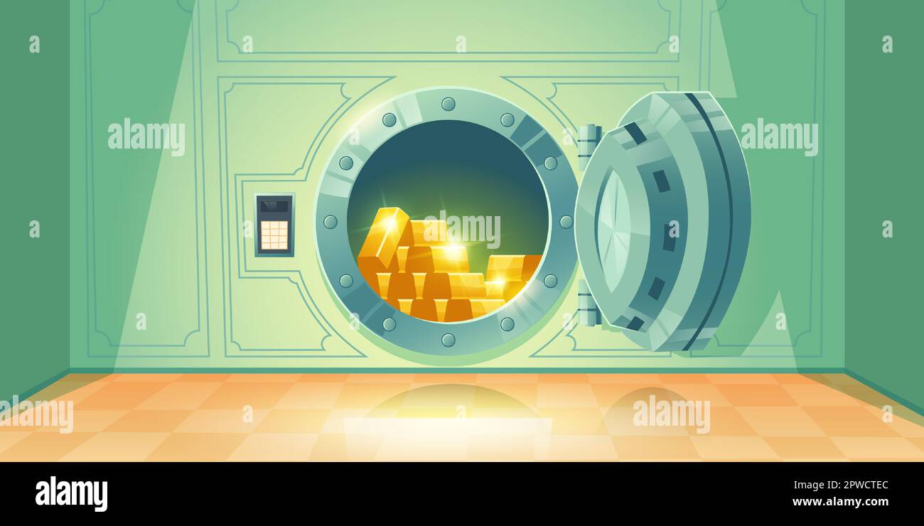 Bank vault with open safe door. Vector cartoon illustration of room ...