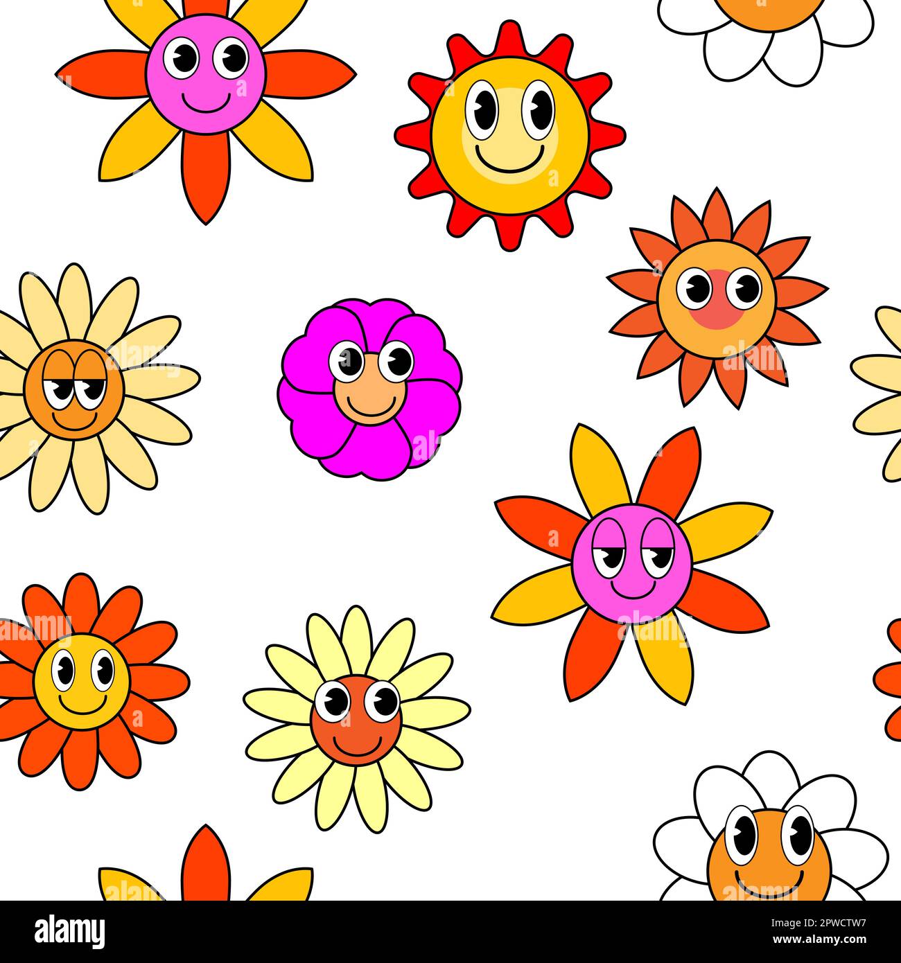 Groovy hippie flower seamless pattern. Colorful flowers trendy ...