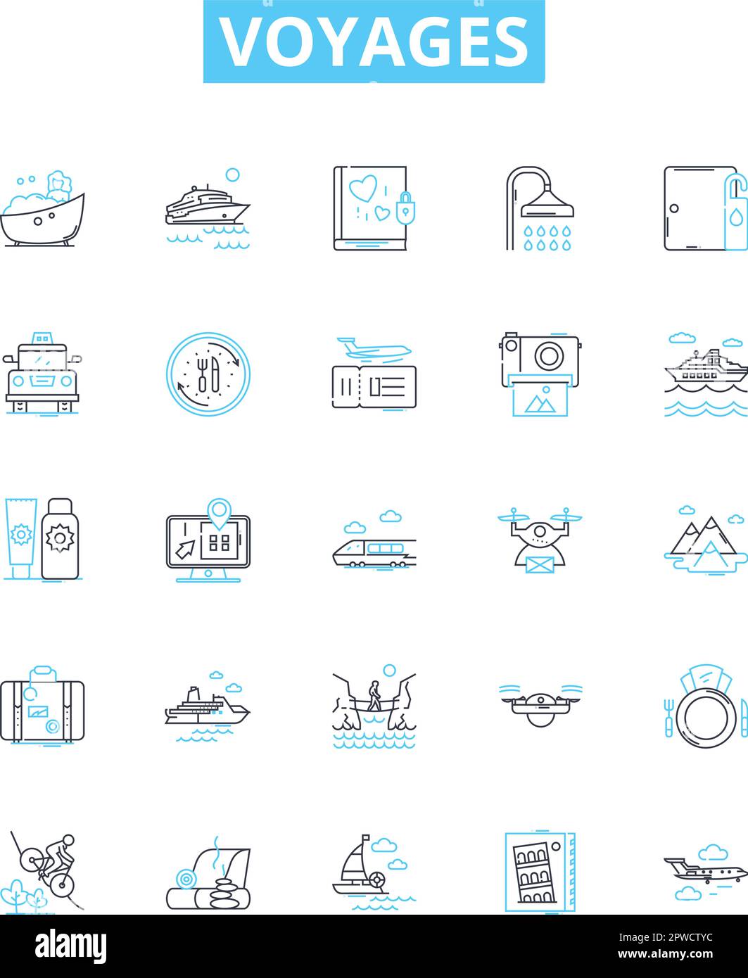 Voyages vector line icons set. Tours, Trips, Cruises, Journeys, Tours ...