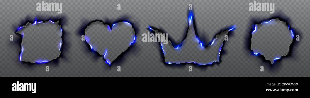 Blue burn hole frame with crown and heart shape. Circle and square ...