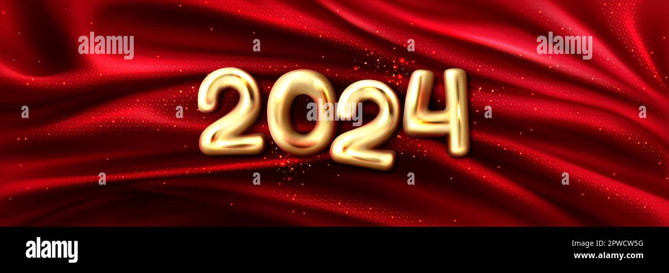 Golden 2024 numbers on red silk cloth background. Vector realistic ...