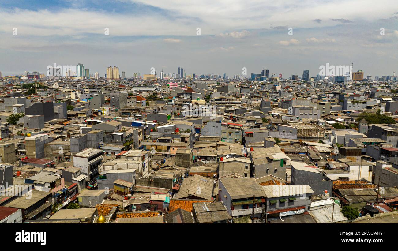 Jakarta, Indonesia - October 11, 2022: Aerial drone of densely built ...