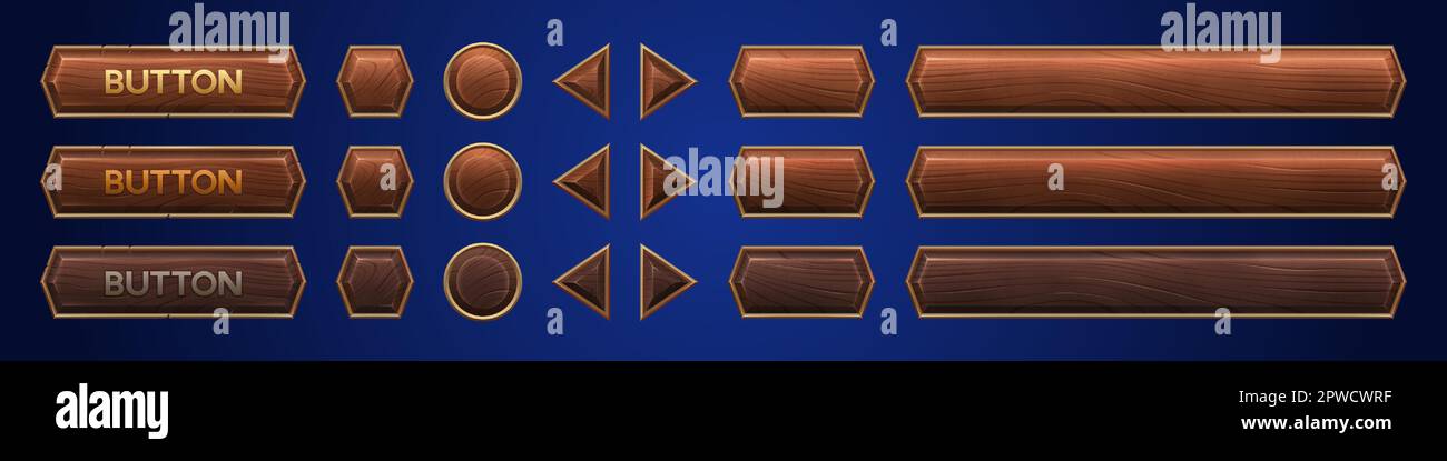 Realistic set of wooden game buttons sprite sheet isolated on ...