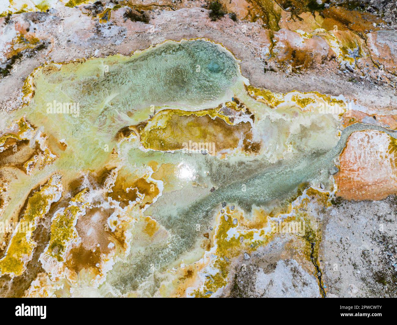Aerial view of boiling sulphur river and springs in Sipoholon Hot ...