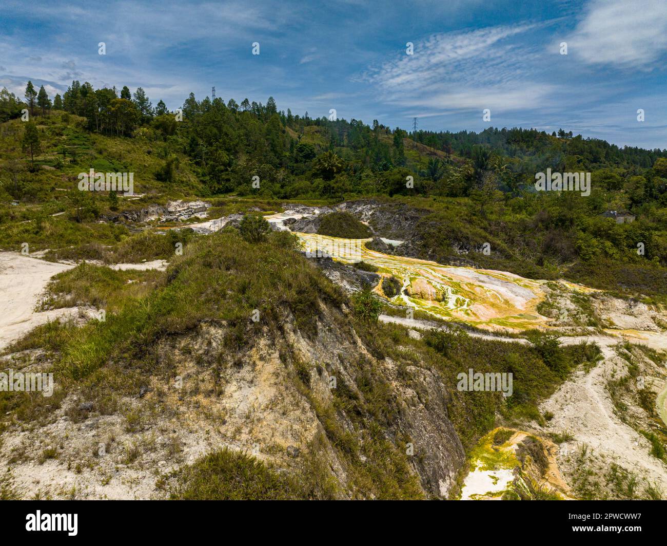Aerial drone of geothermal landscape with hot boiling sulphur river and ...