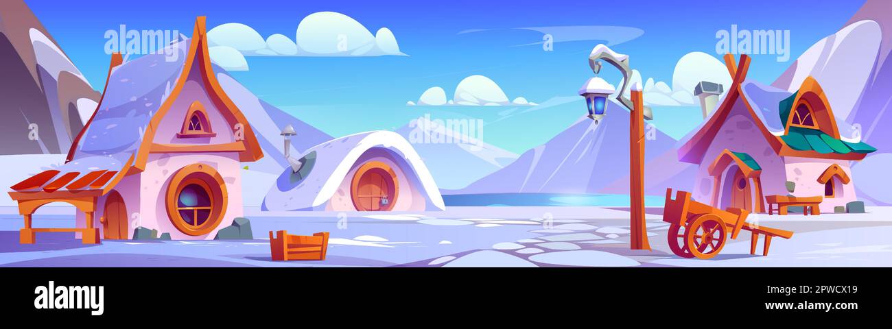 Winter village scene with cute fantasy dwarf house cartoon illustration ...