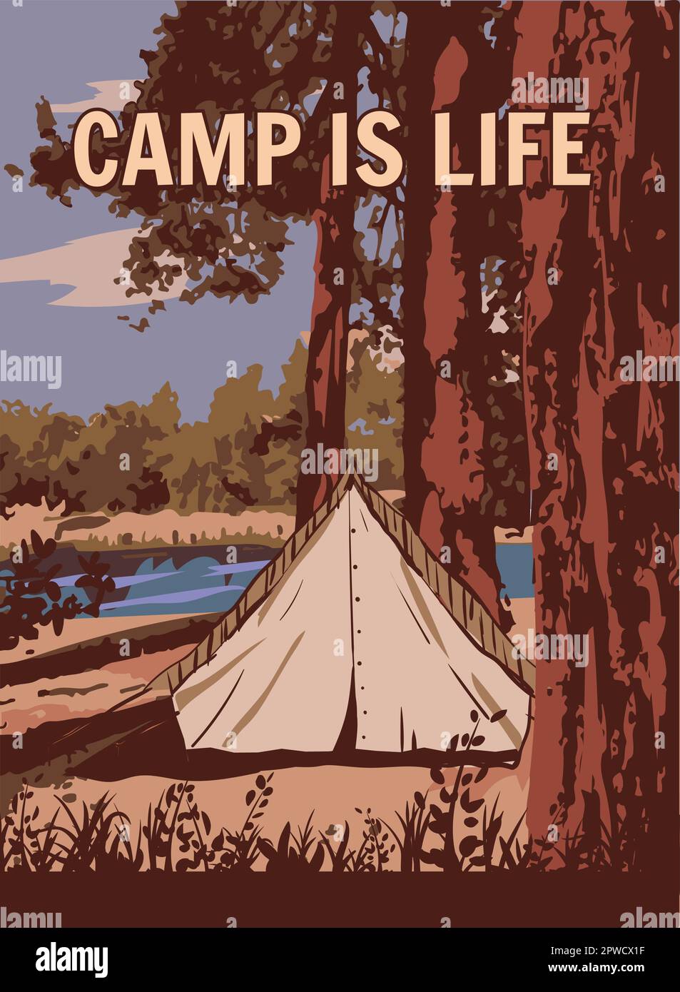 Camp is Life poster retro, camping outdoor travel. Tourism hiking ...