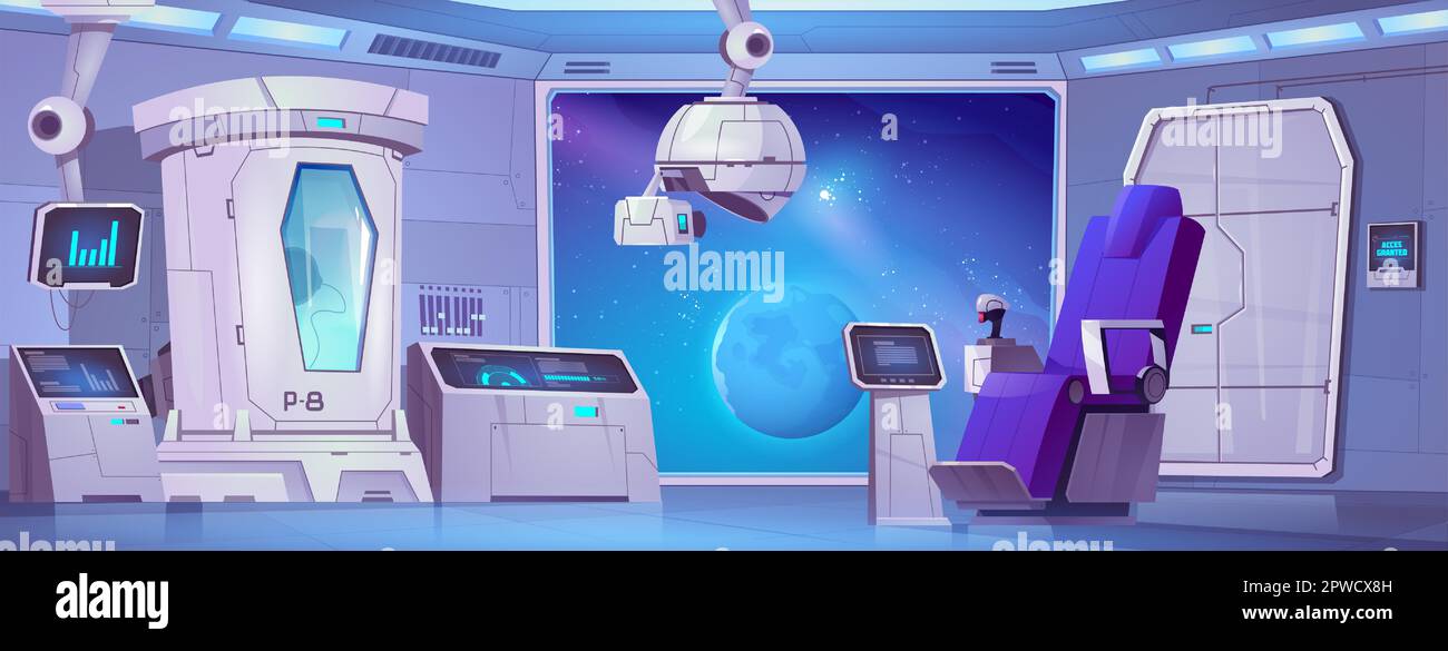 Spaceship laboratory interior room with cryogen capsule cartoon ui ...