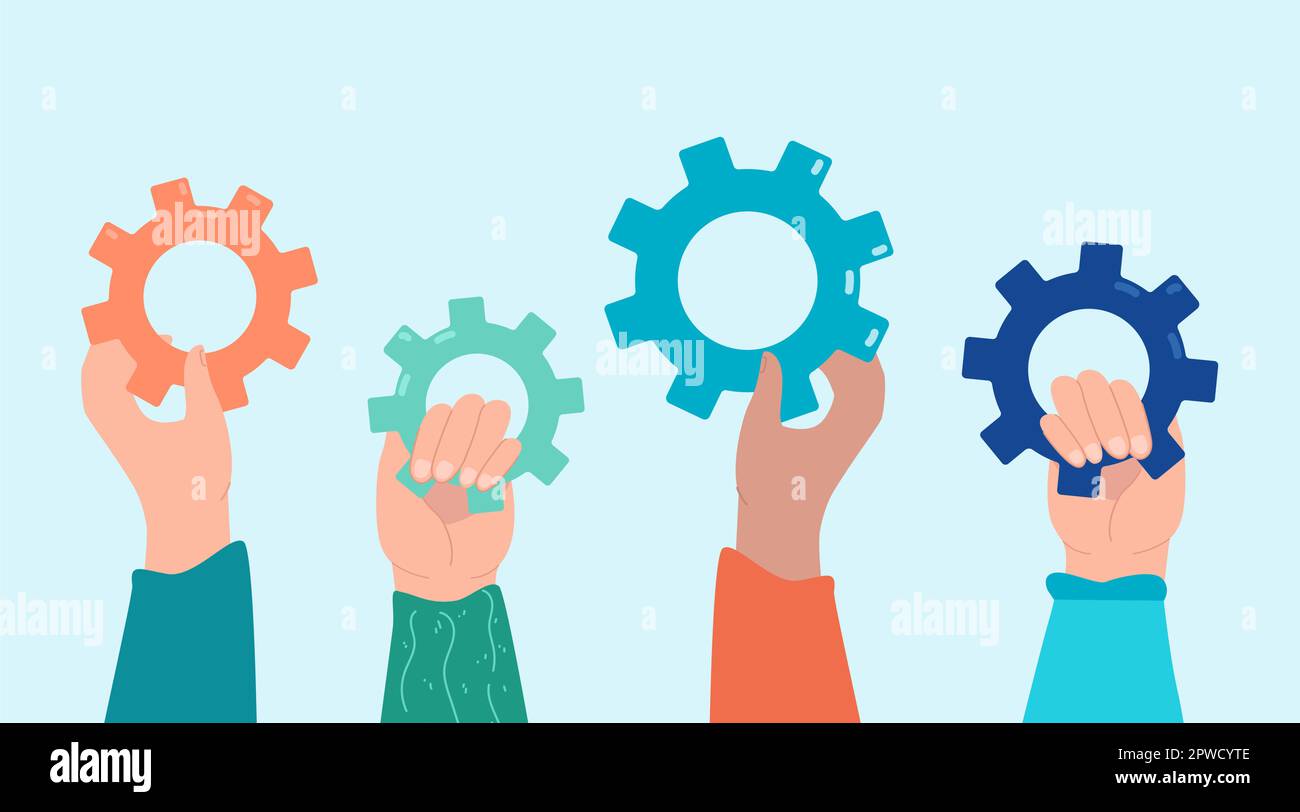 Business people raising hands with gears Stock Vector Image & Art - Alamy