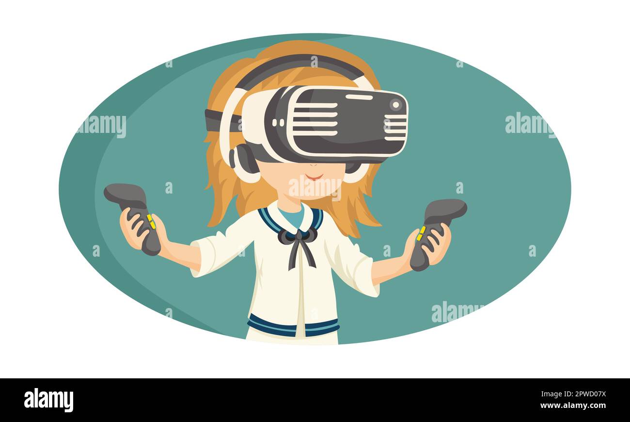 Young Girl Character Wearing VR Headset With Hold Controllers On Teal ...