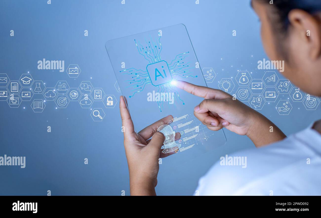 Human pointing his finger at the AI model. represents the introduction of artificial ...