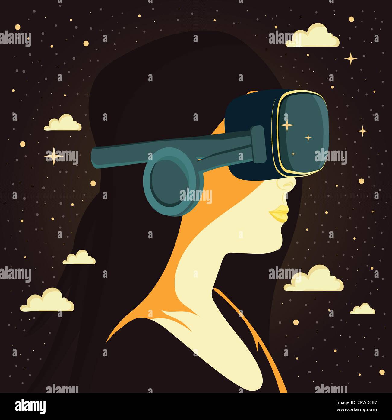 Vector Illustration Of Young Woman Wearing VR Box With Headphone On ...