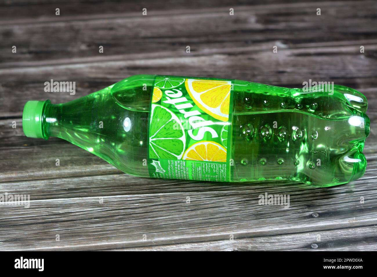Cairo, Egypt, April 28 2023: The classic lemon-lime soda Sprite plastic ...