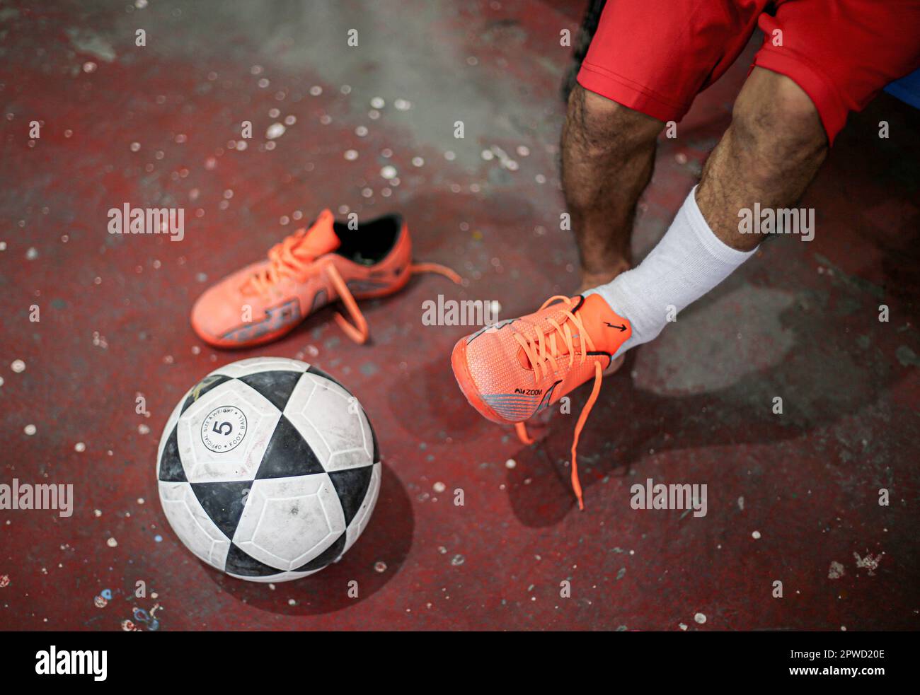 Gaza, Palestine. 29th Apr, 2023. A ball and a short-statured ...