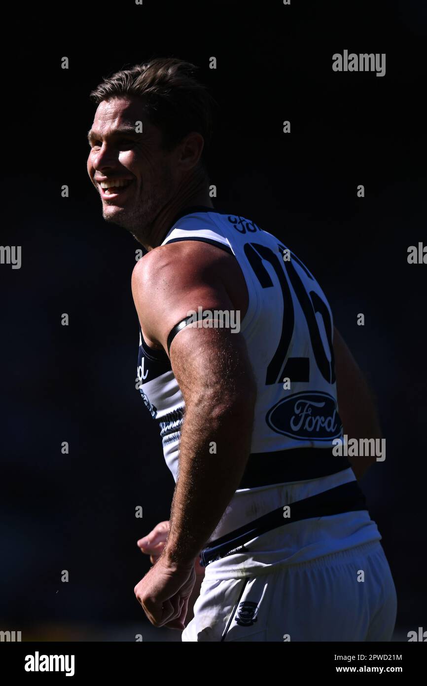 Tom Hawkins of Geelong reacts after kicking a goal during the AFL Round ...