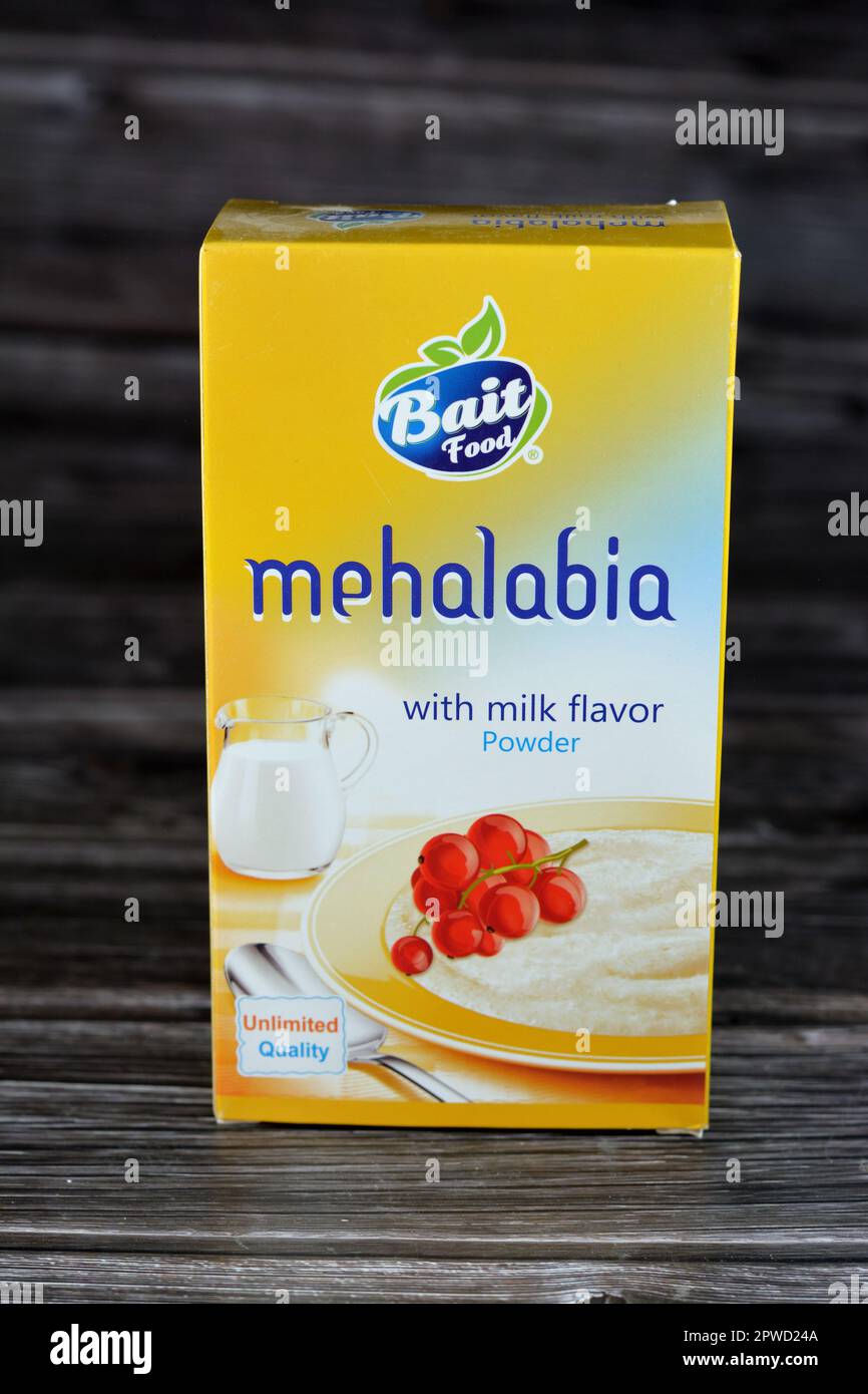 Cairo, Egypt, April 28 2023: Bait food Mehalabia Muhallebi with milk ...