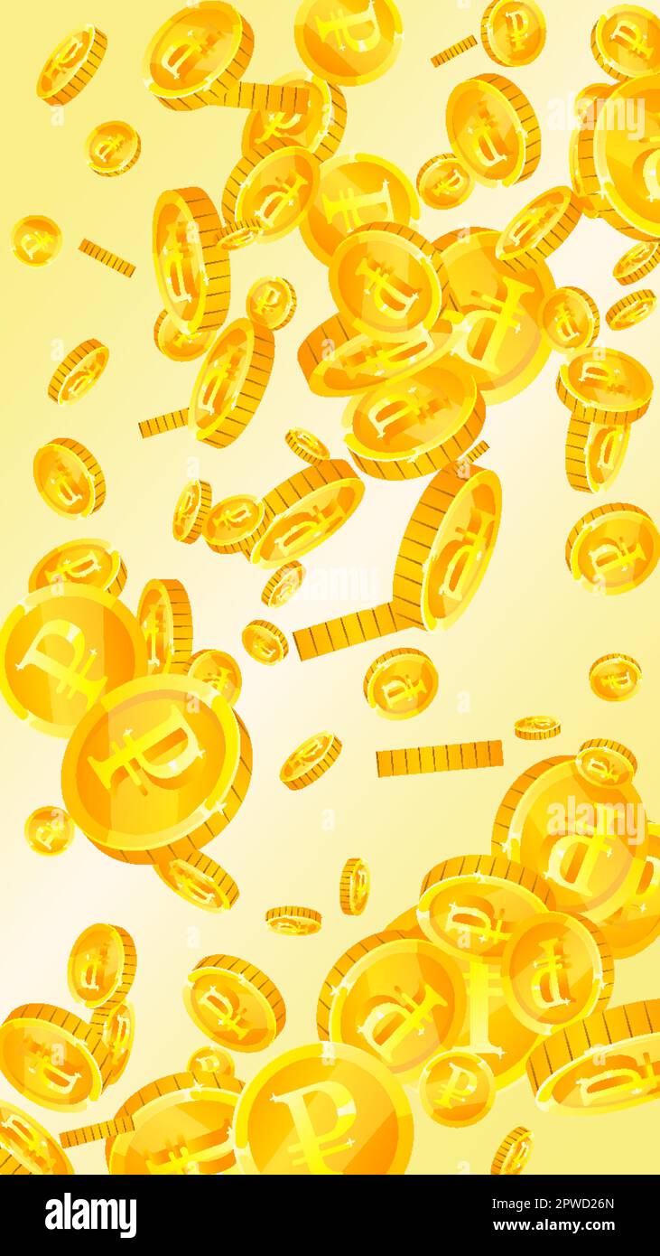 Russian ruble coins falling. Scattered gold RUB coins. Russia money ...