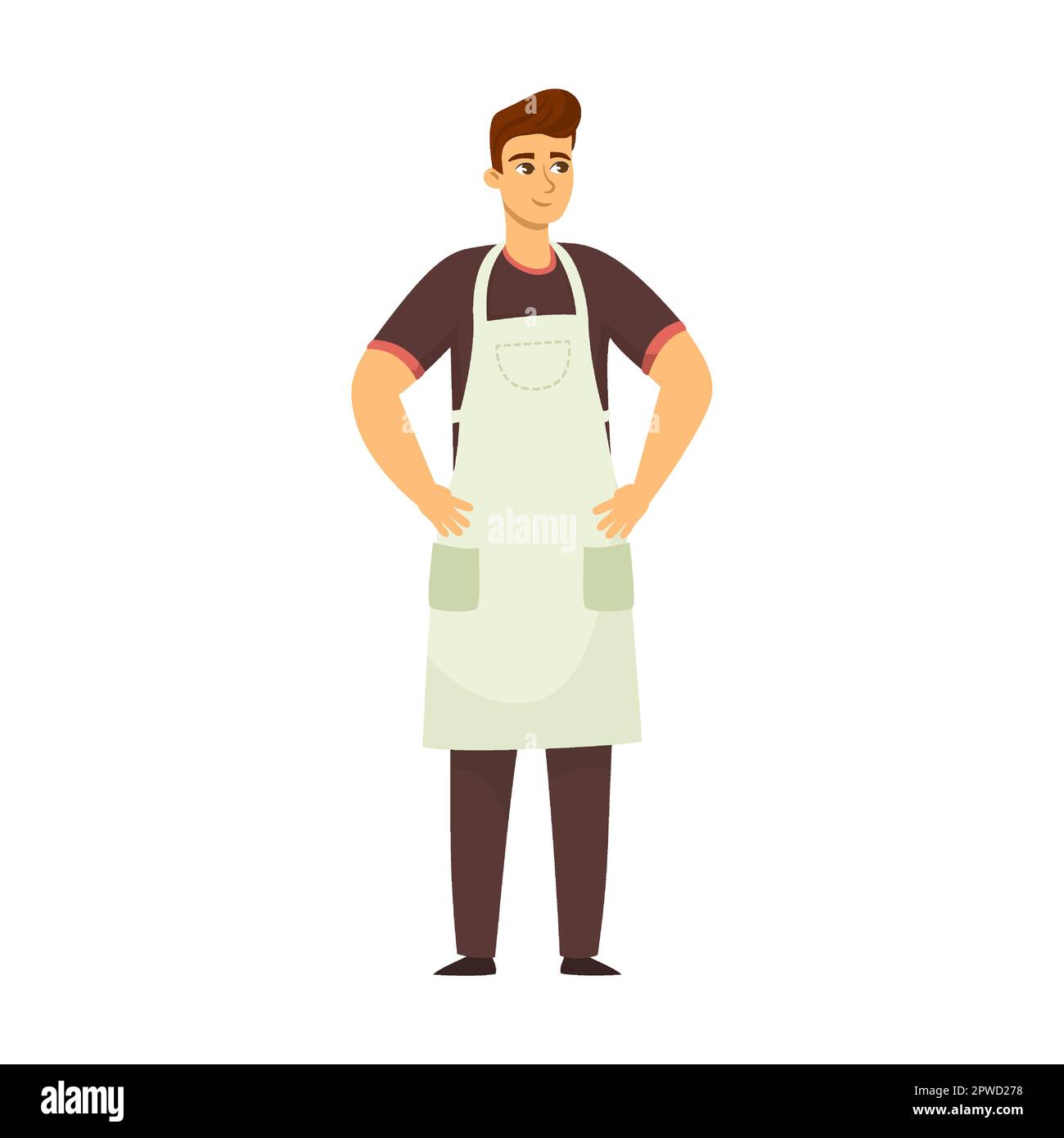 Baker man in apron equipment for cake, bread and other food cooking ...