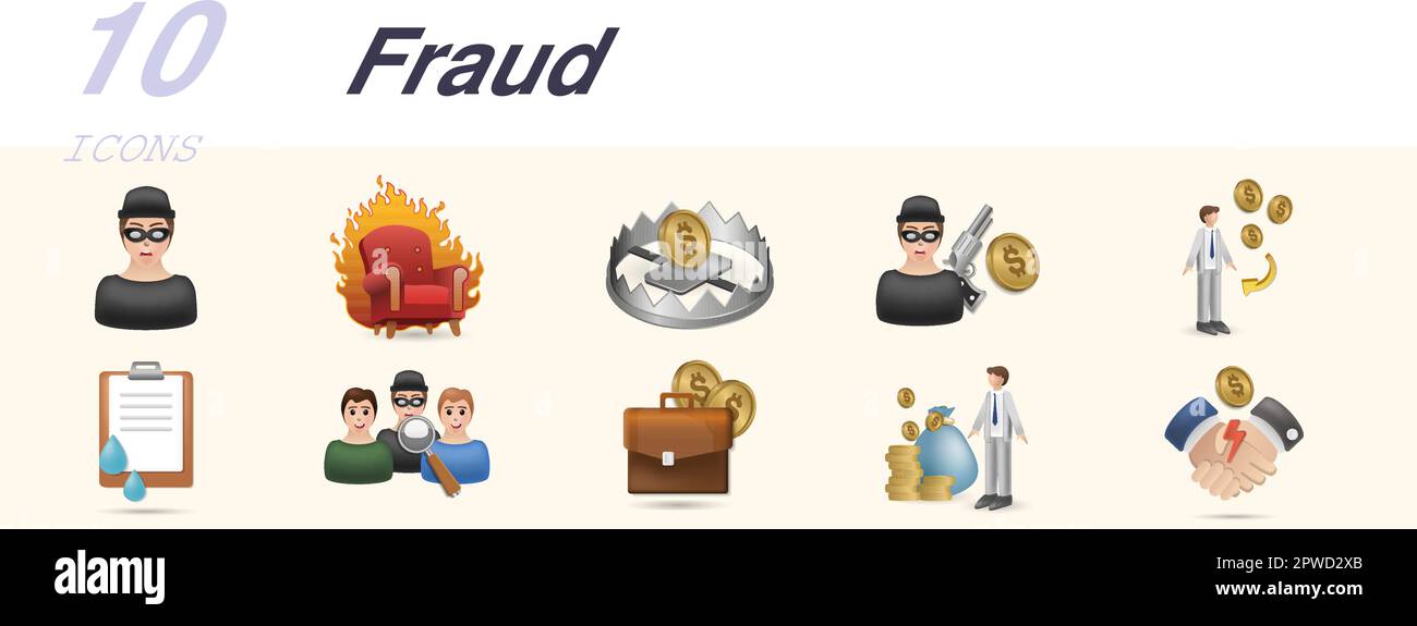 Fraud set. Creative icons: masked, hot seat, trap, bandit, venal, data ...