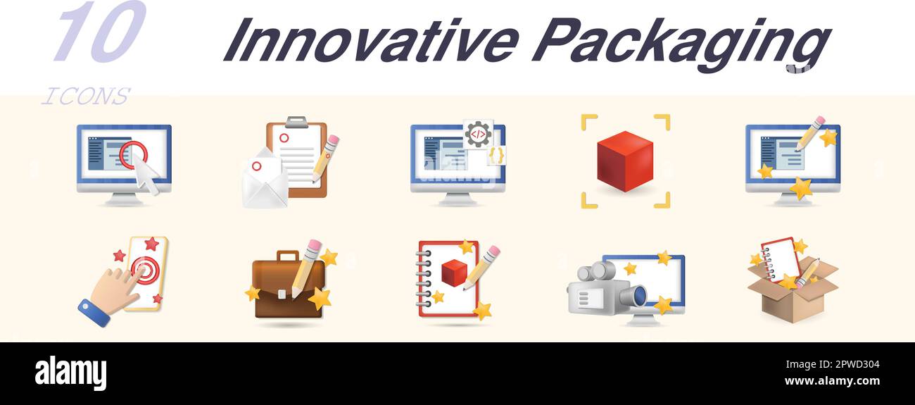 Innovative packaging set. Creative icons: landing page, branding ...
