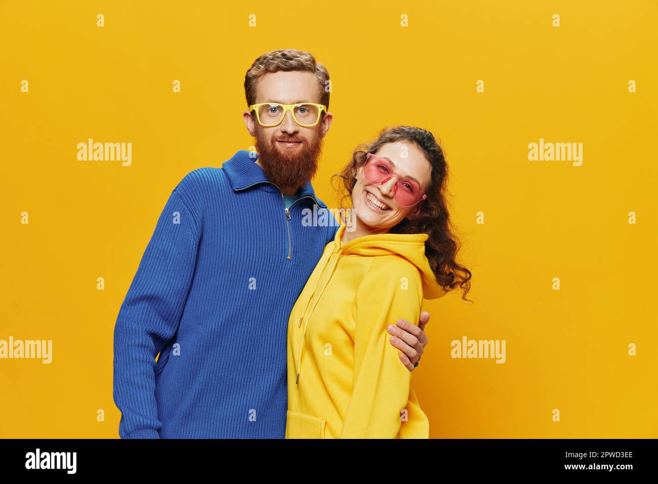 Man and woman couple smiling cheerfully and crooked with glasses, on ...