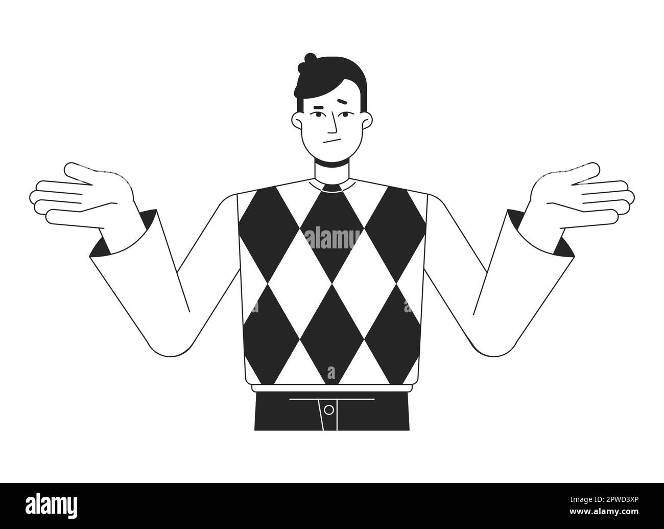 Frustrated Man Shrugging With Hands Up Flat Line Black White Vector Character Stock Vector Image