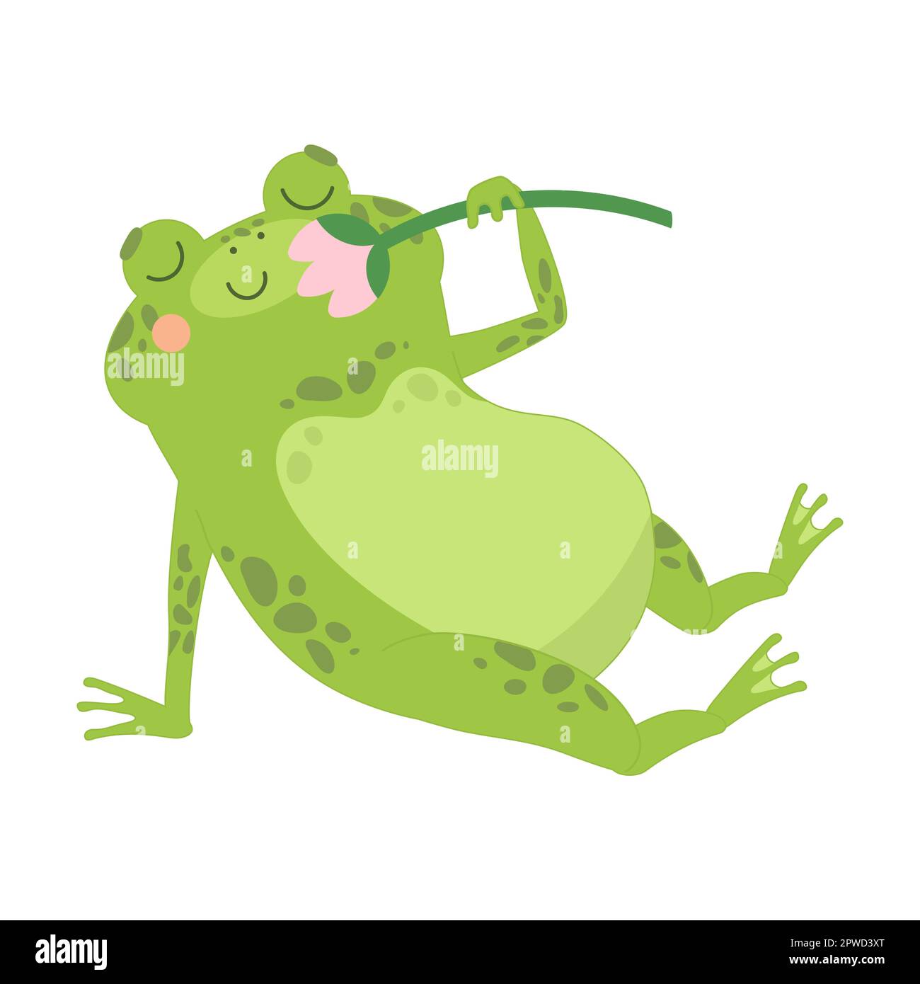 cute colorful frog lies and sniffs fragrant flower, cartoon vector ...