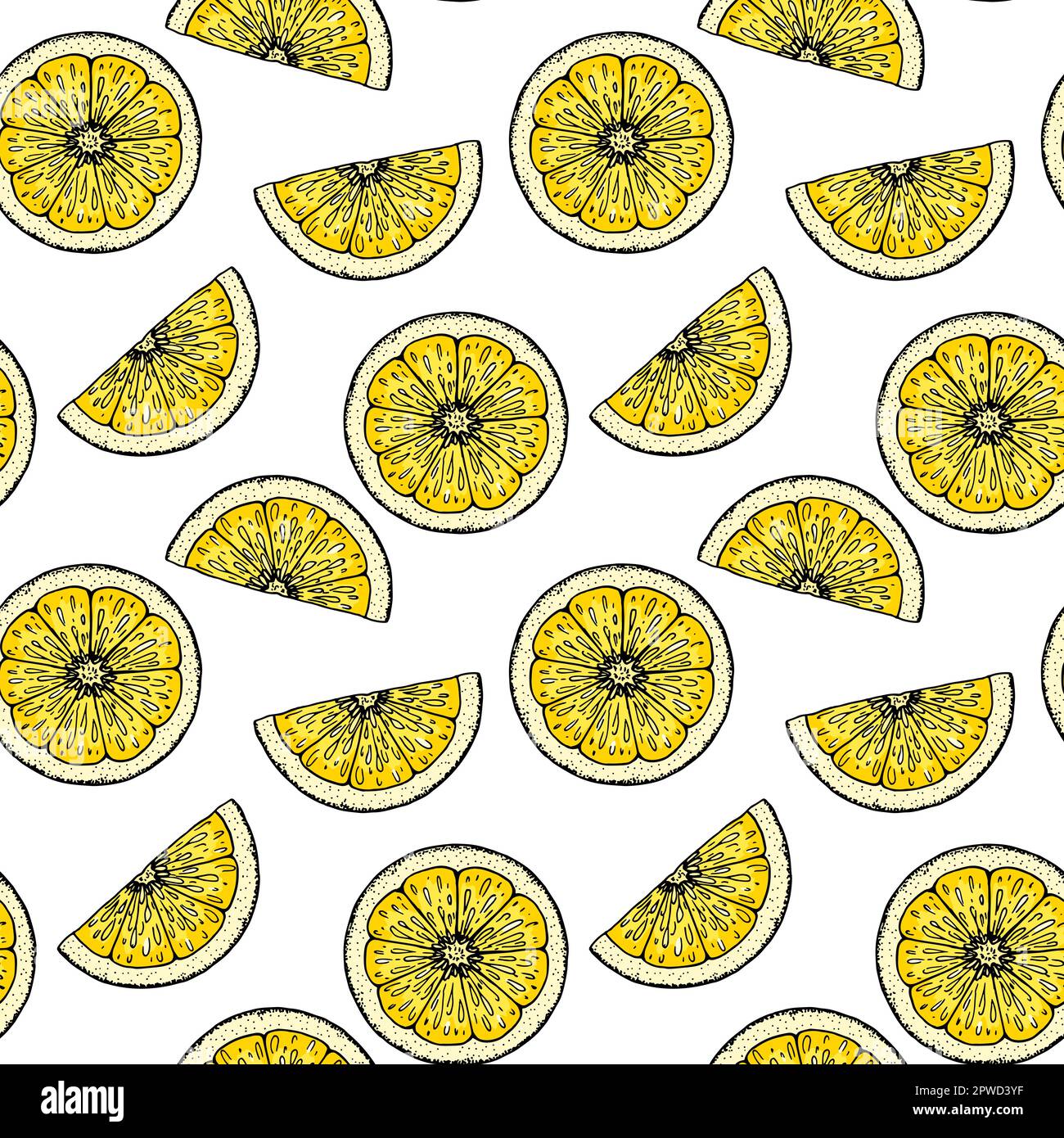 Lemon slice seamless pattern. Colorful hand drawn vector illustration in sketch style. Tropical ...