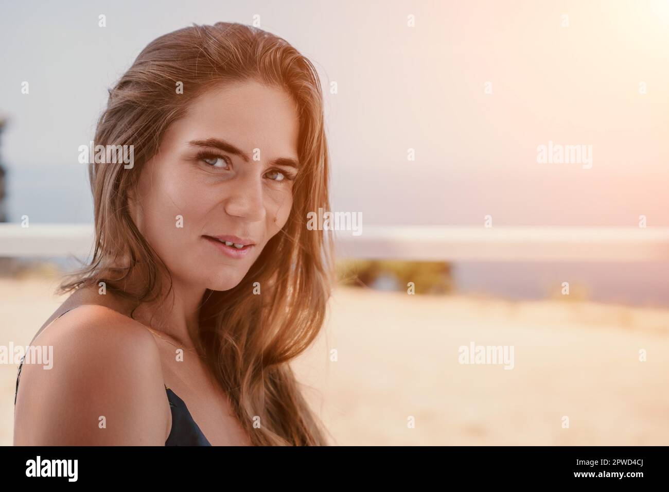 Happy woman portrait in cafe. Boho chic fashion style. Outdoor photo of ...