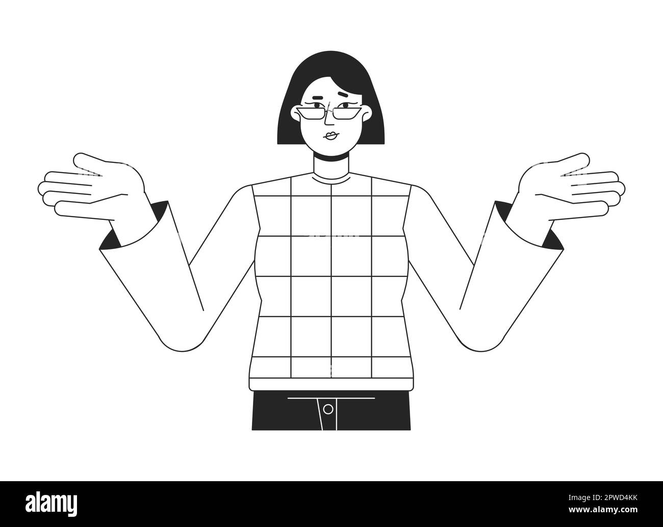 Executive woman shrugging with hands up flat line black white vector ...