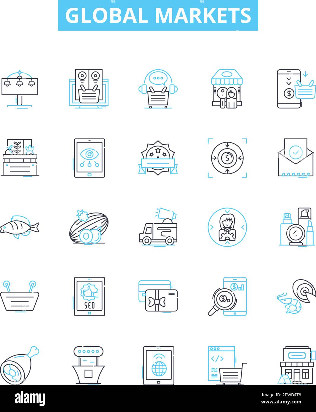 Global markets vector line icons set. Markets, Global, Trade, Exchange, Stock, Currency ...