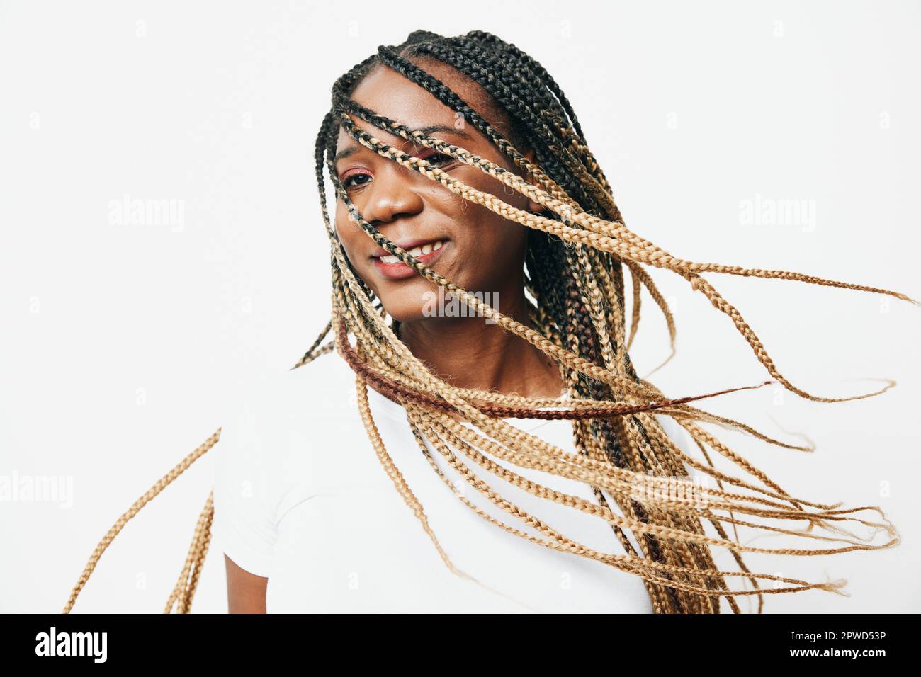 Portrait african american woman in white t-shirt smiling dancing with ...