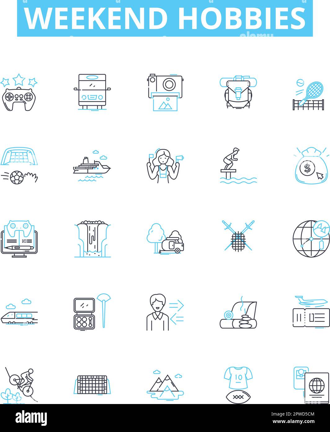 Weekend hobbies vector line icons set. Gardening, Hiking, Fishing, Swimming, Reading, Cooking ...