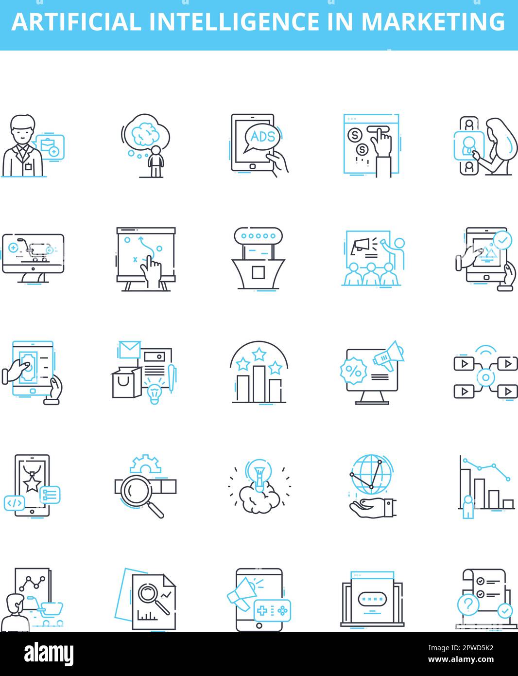 Artificial intelligence in marketing vector line icons set. AI ... Artificial intelligence in marketing vector line icons set. AI ...