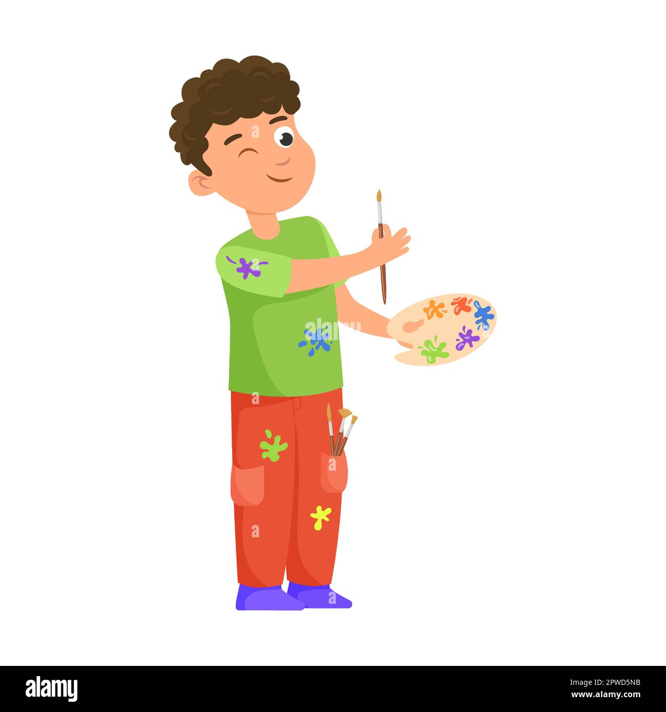 young artist with brush and palette of colors. Hobbie and activitie of ...