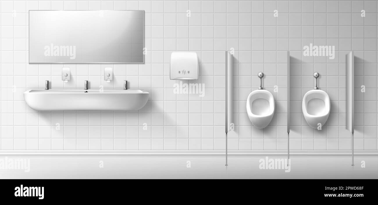 Public male toilet with ceramic urinal, sink and mirror. Vector ...