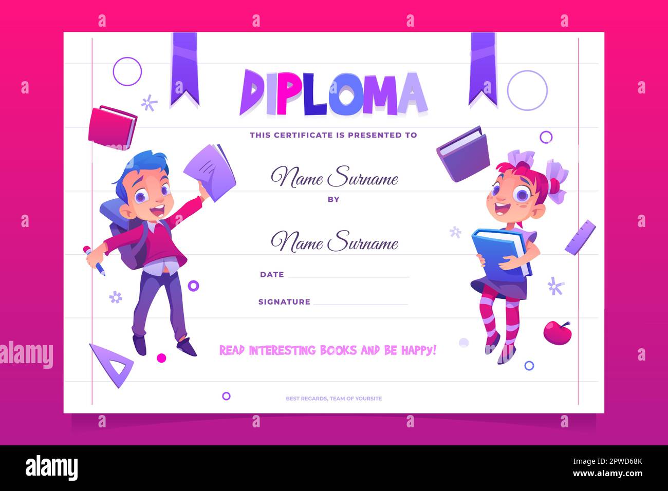 Kids school diploma certificate happy children with books jumping, boy ...