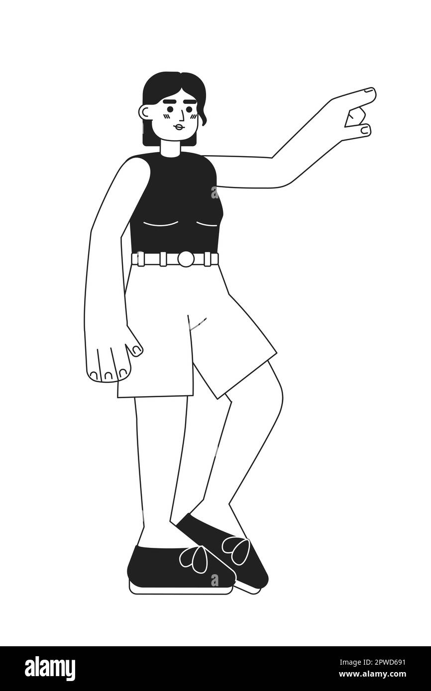 Female adventure traveler pointing with finger monochromatic flat ...
